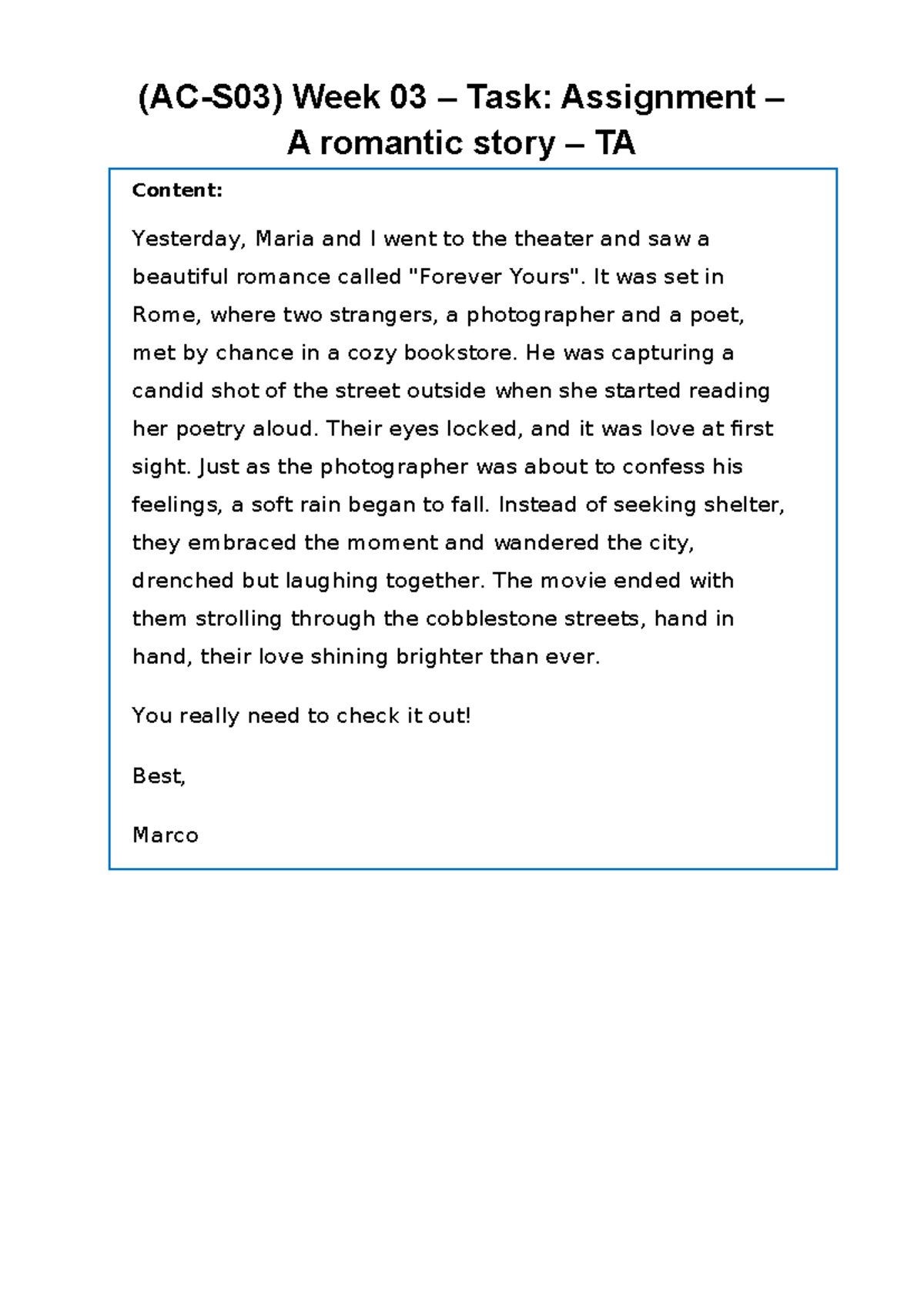 Week 03 - (AC-S03) - (AC-S03) Week 03 – Task: Assignment – A romantic story – TA Content ...