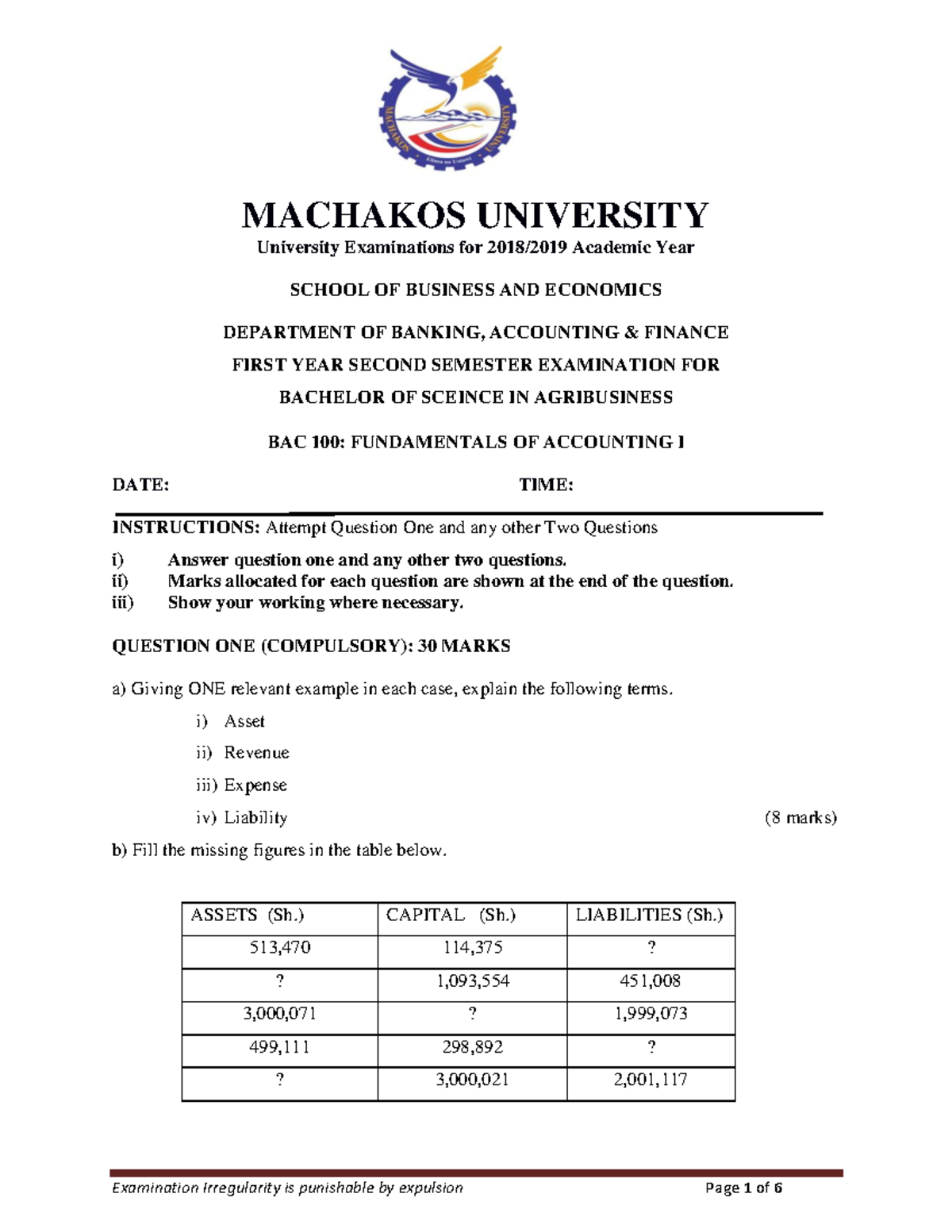 BAC 100 - EXAM (JAN - April 19) - MACHAKOS UNIVERSITY University ...