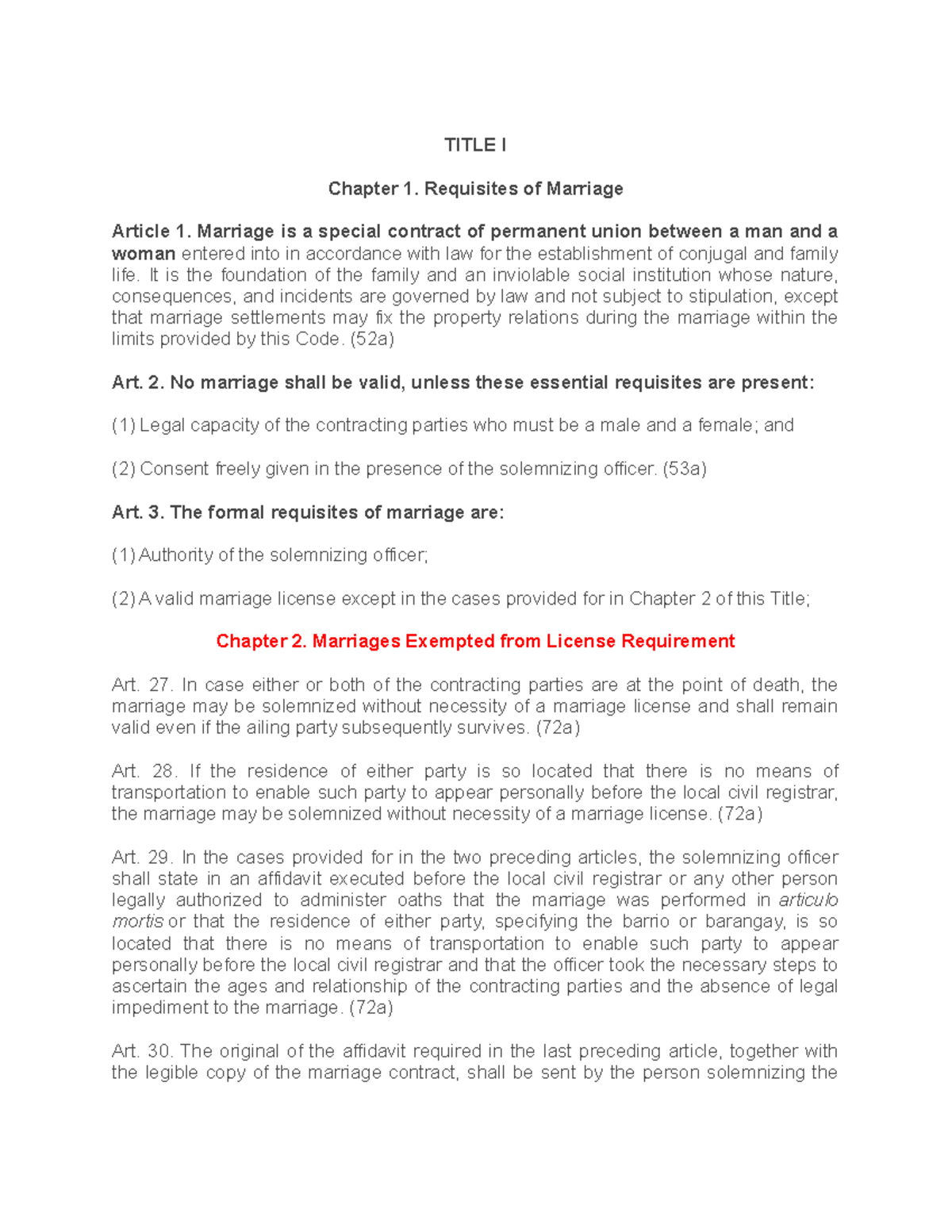 Family Code Codal 1-9 for basis on Marriage Validity - TITLE I Chapter ...