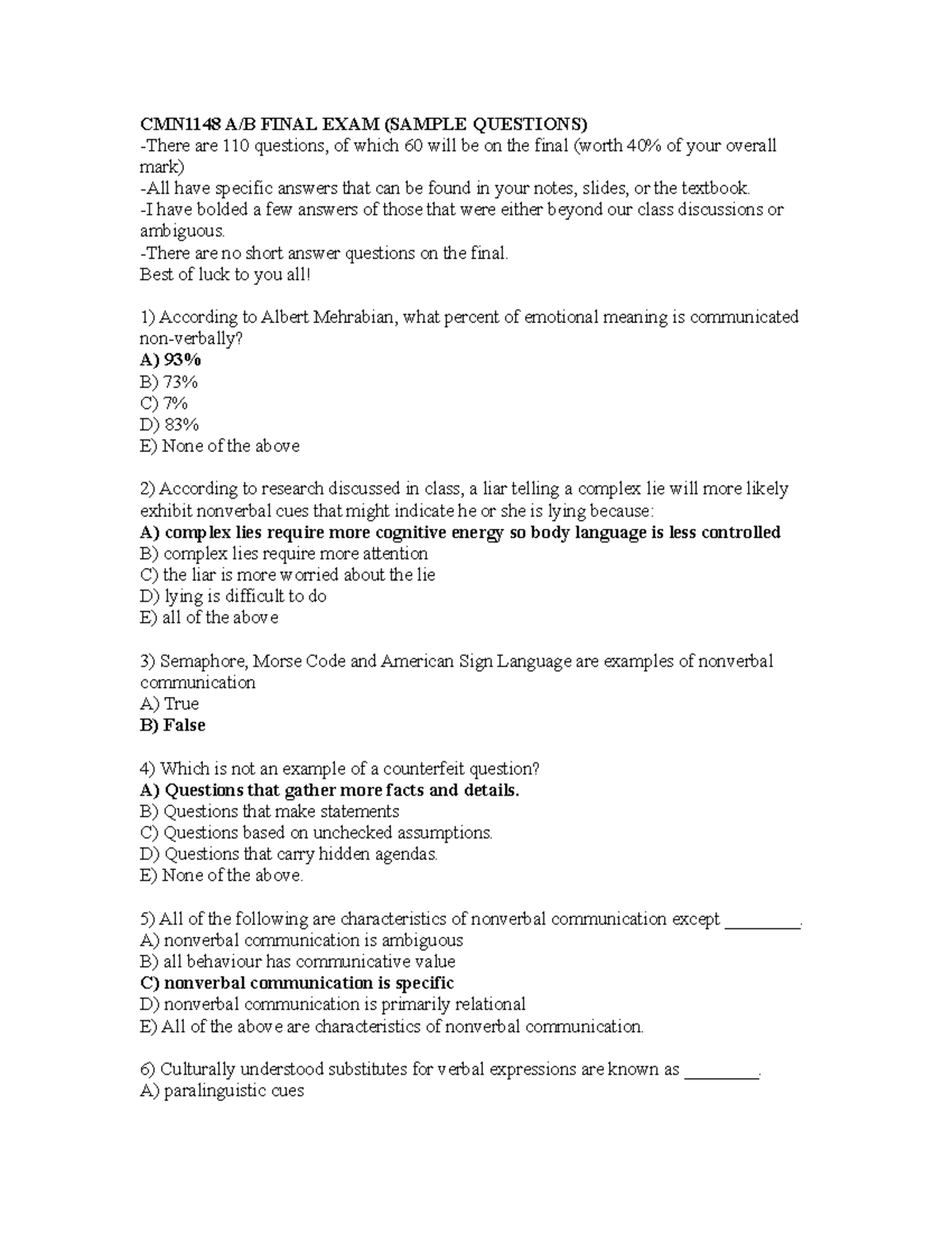 Final, questions - CMN1148 A/B FINAL EXAM (SAMPLE QUESTIONS) -There are ...