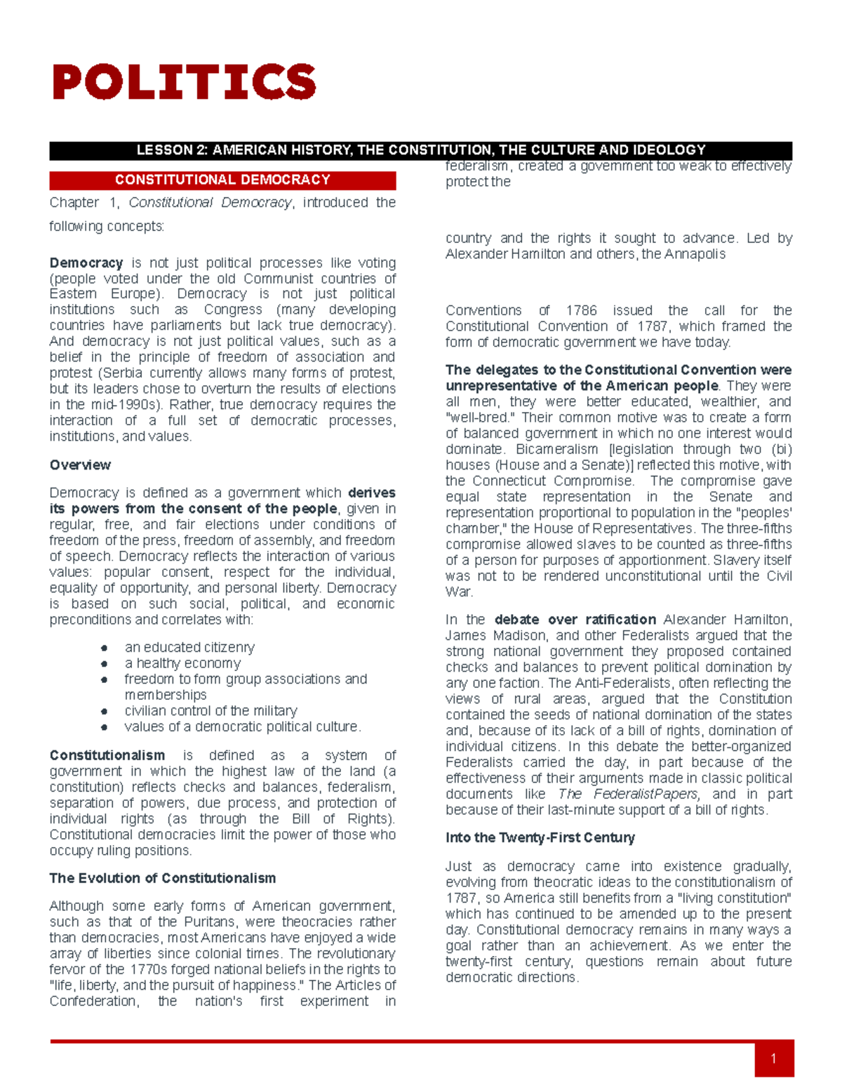 Politics CH2 - LESSON 2: AMERICAN HISTORY, THE CONSTITUTION, THE ...