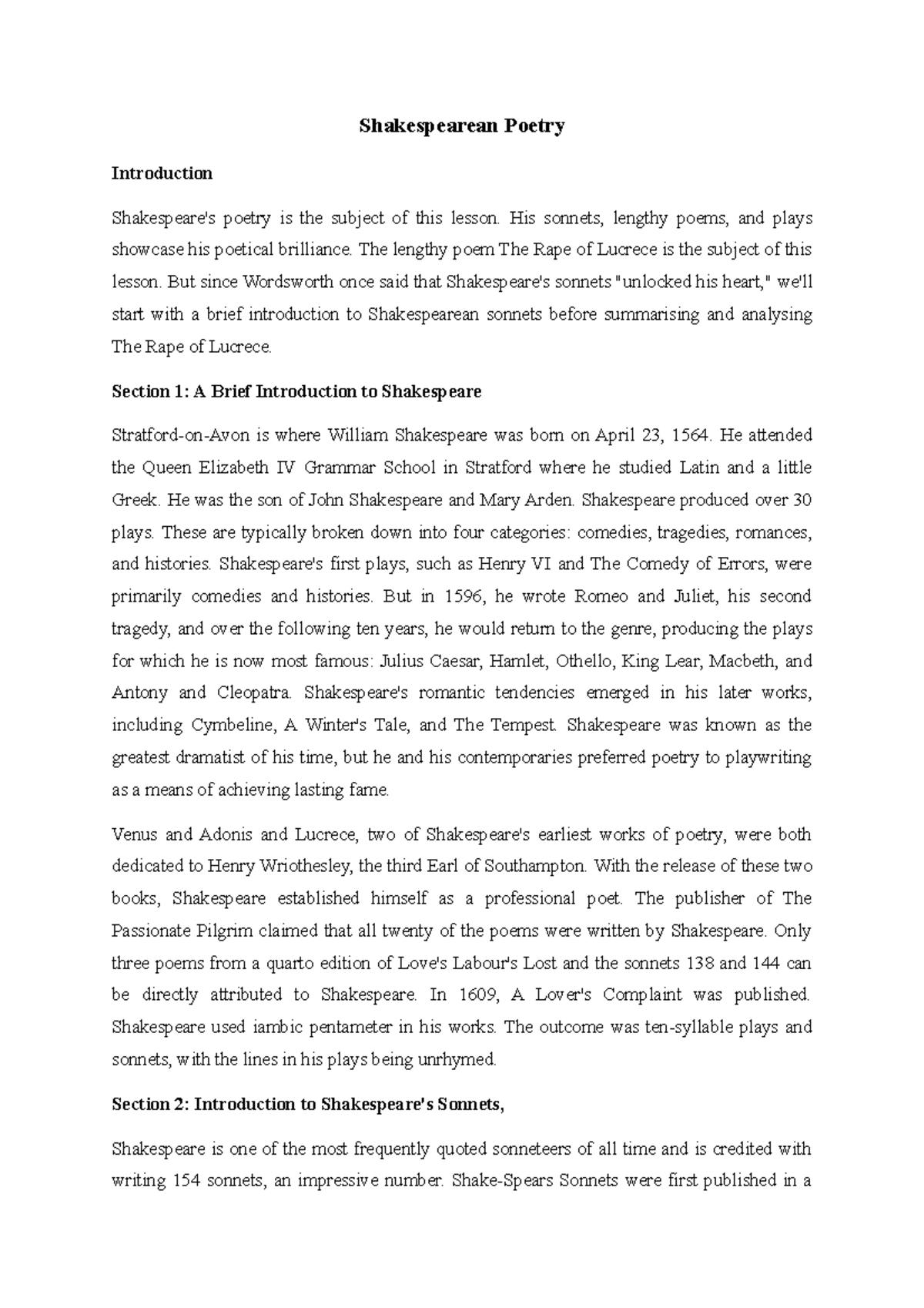 Shakespearean Poetry - Shakespearean Poetry Introduction Shakespeare's ...