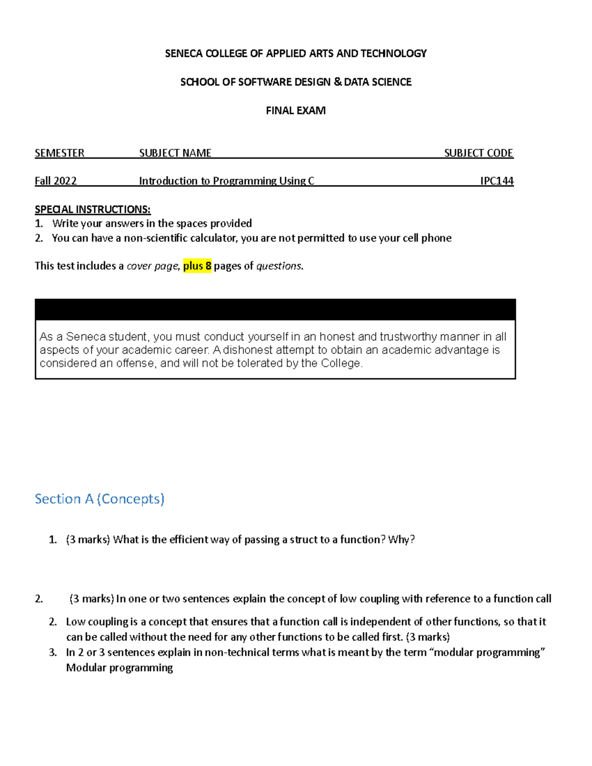 FINAL EXAM OF IPC144 - SENECA COLLEGE OF APPLIED ARTS AND TECHNOLOGY ...