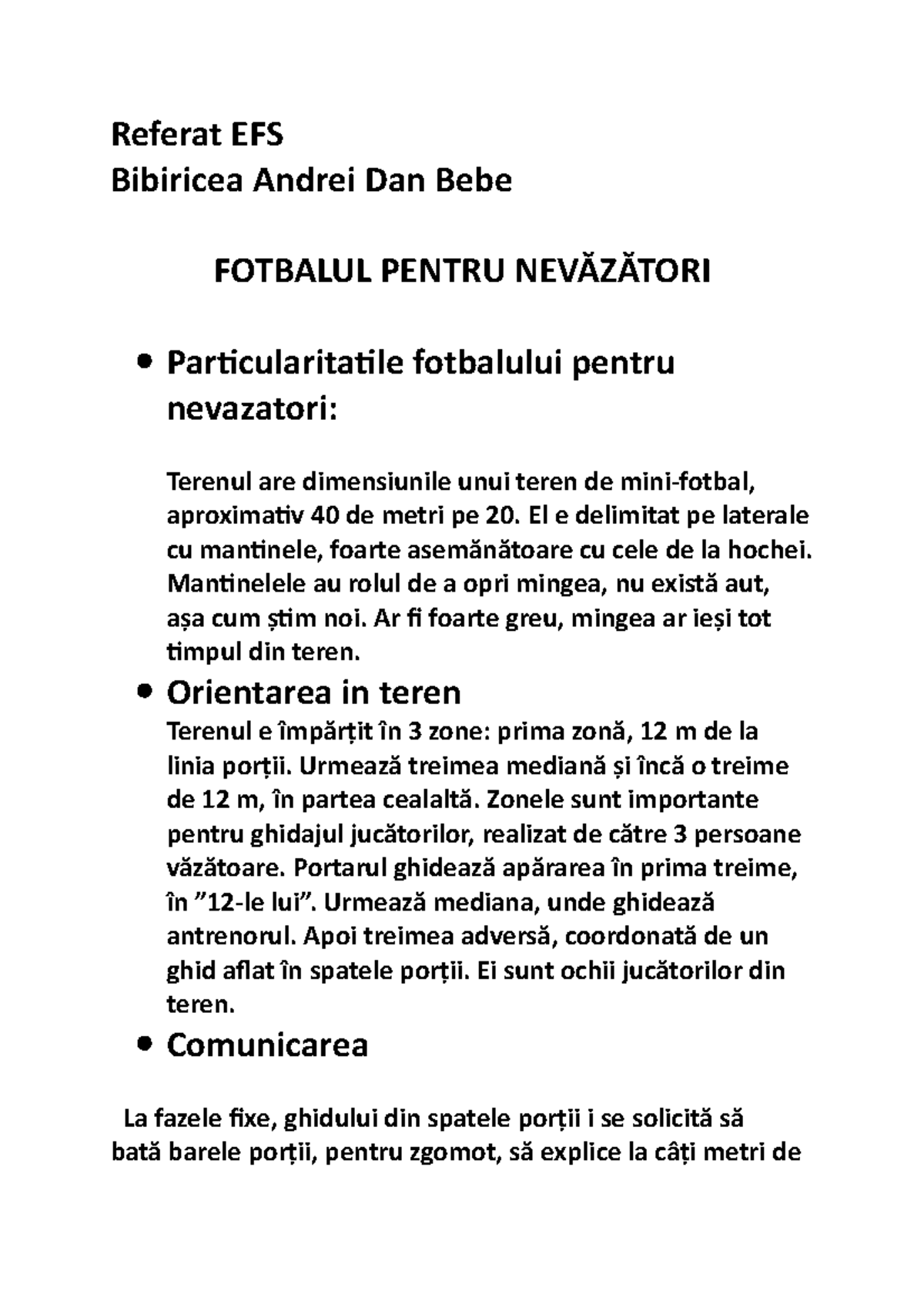 Fotbalul pentru nevazatori - Referat EFS Bibiricea Andrei Dan Bebe ...