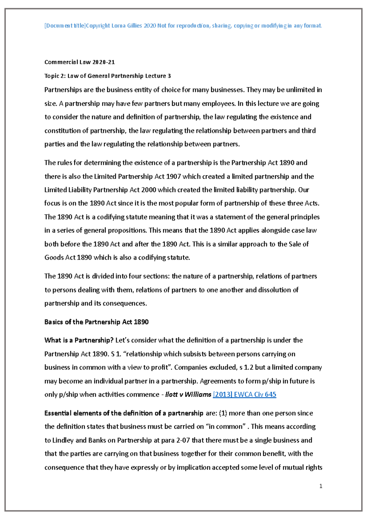 Partnership Lecture Three Transcript - format. Commercial Law 2020 ...