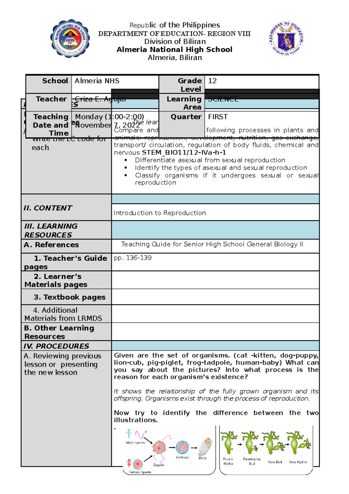 DLP Reproduction - Lesson Plan Gen Bio - Republic of the Philippines ...