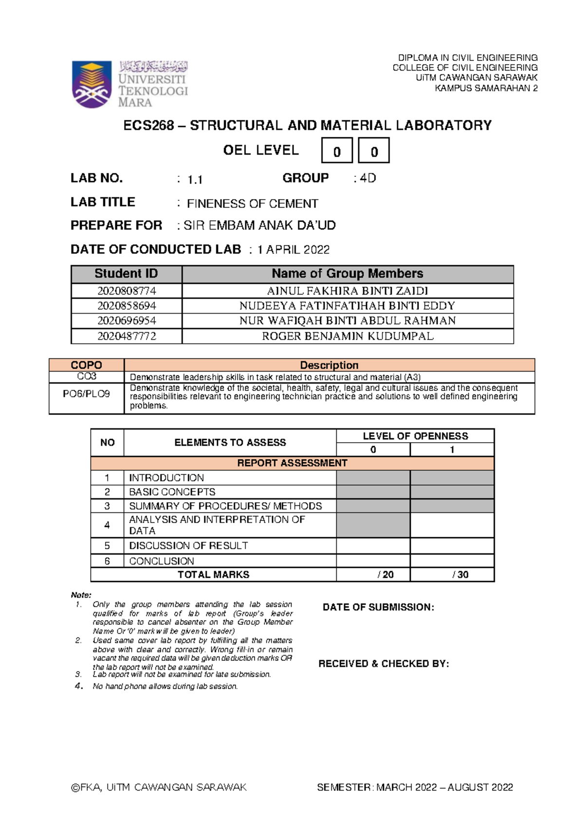 LAB 1.1 Fineness OF Cement - 0 0 COLLEGE OF CIVIL ENGINEERING DIPLOMA ...