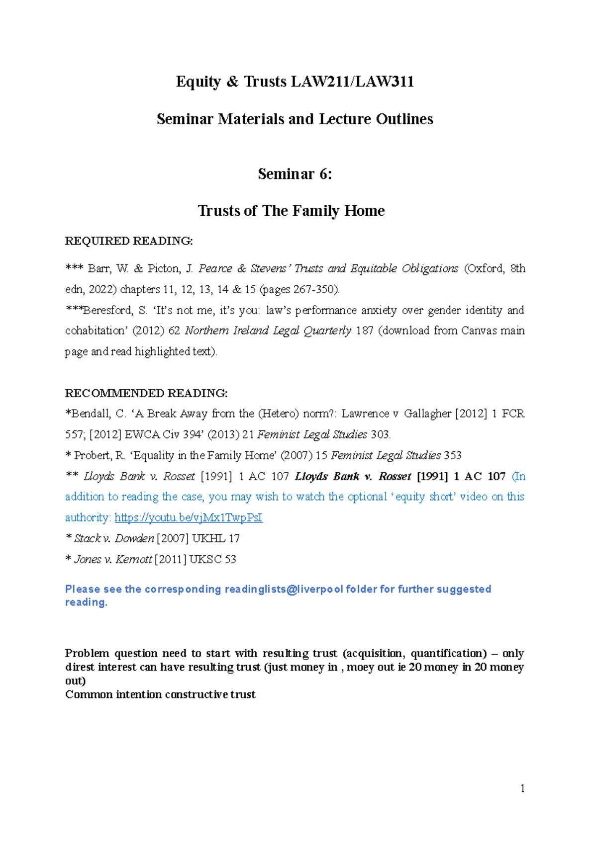 Equity S2 seminar 2 - Equity & Trusts LAW211/LAW Seminar Materials and Lecture Outlines Seminar ...