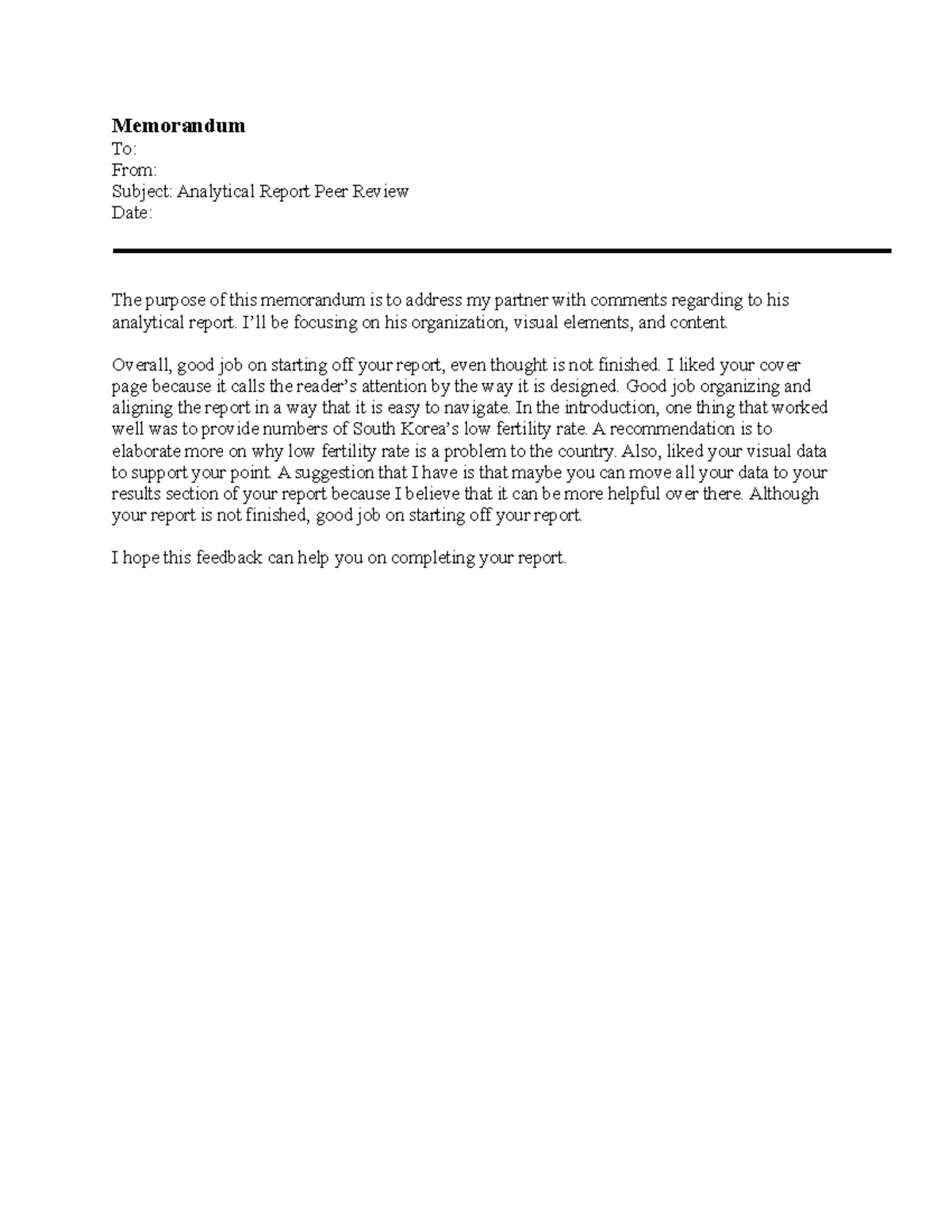 Memo - MEMO TO GROUP PROJECT MEMBERS - Memorandum To: From: Subject ...