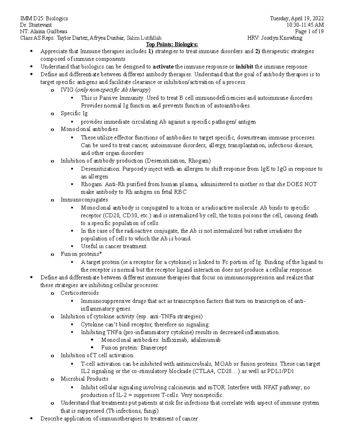 IMM D25 Biologics 2022 HRV - Dr. Sturtevant 10:30-11:45 AM NT: Alaina ...