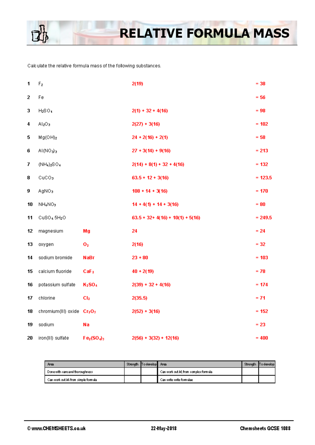 Chemsheets GCSE 1088 Formula mass ANS ppq87 - Calculate the relative ...