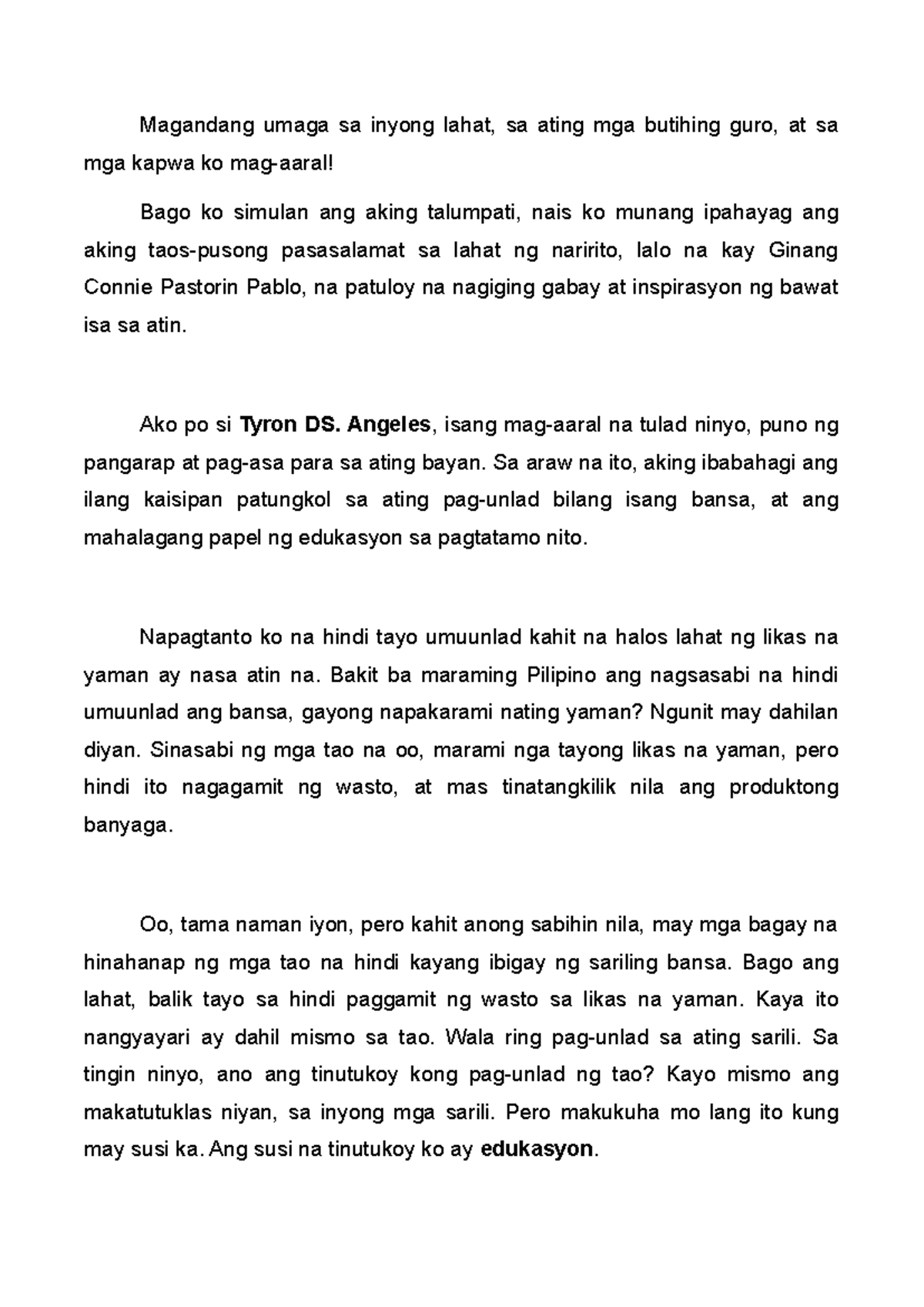 Talumpati tungkol sa lupa - Magandang umaga sa inyong lahat, sa ating ...