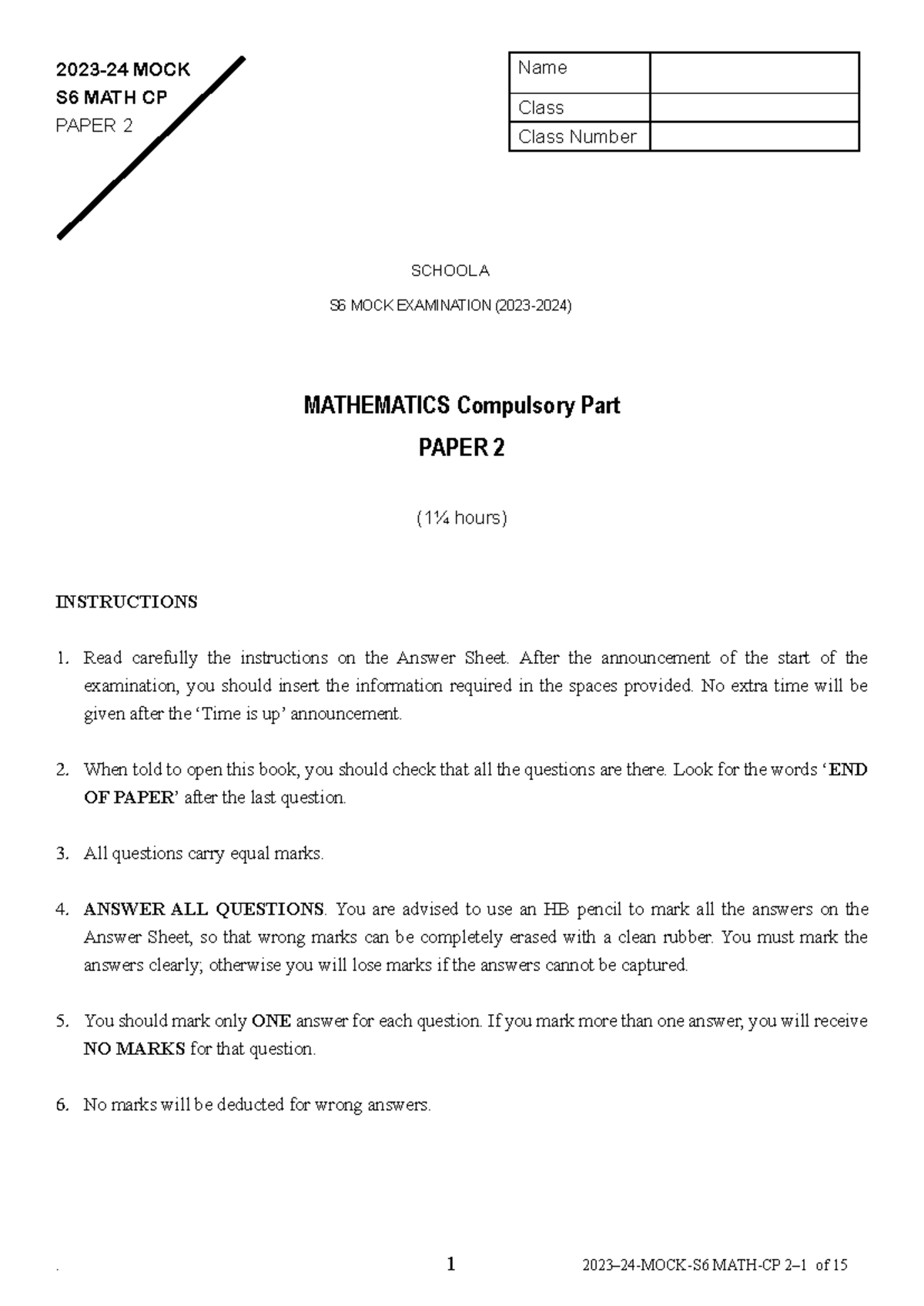 School A Mock Paper 2 - . 1 2023 – 24 - MOCK-S6 MATH-CP 2 – 1 of 1 5 ...
