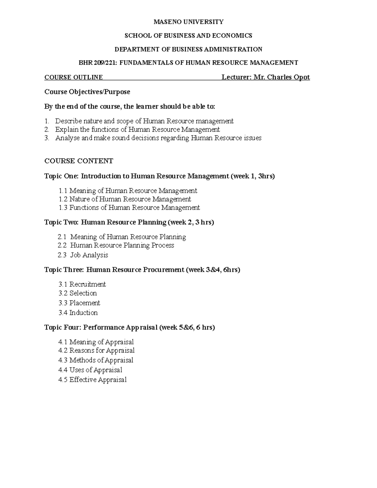 BHR 209 Fundamentals of HRM-Course Outline - MASENO UNIVERSITY SCHOOL ...