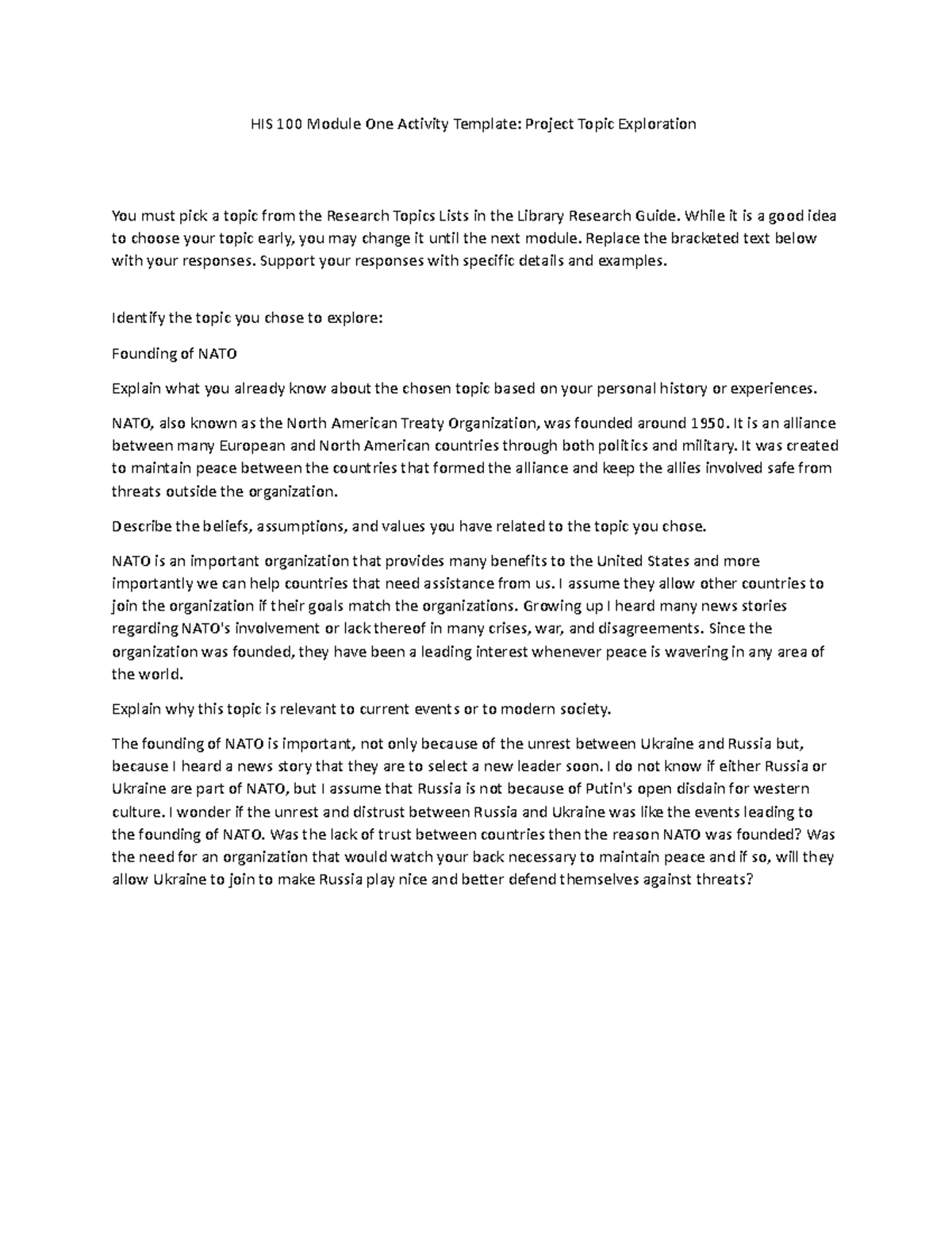 HIS100 Module 1A - first assignment pertaining to project one - HIS 100 ...