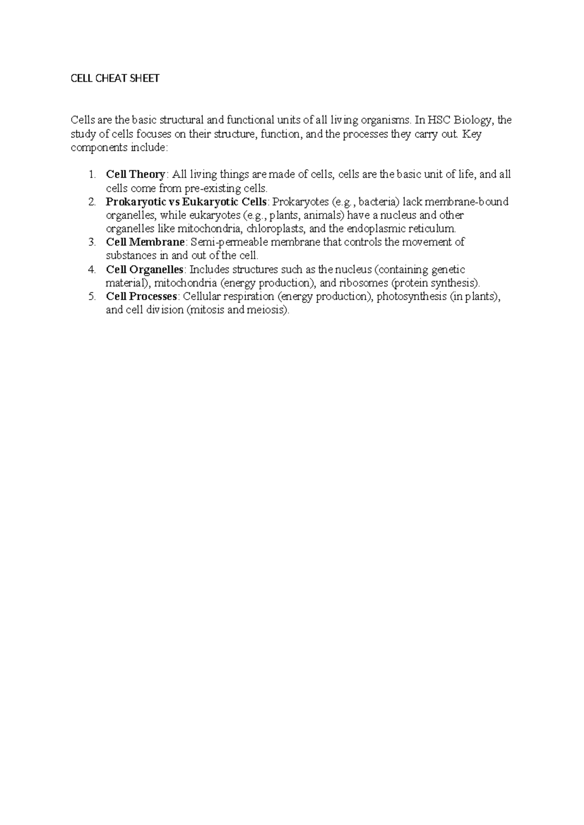Short cell summary - cells rundown - CELL CHEAT SHEET Cells are the ...