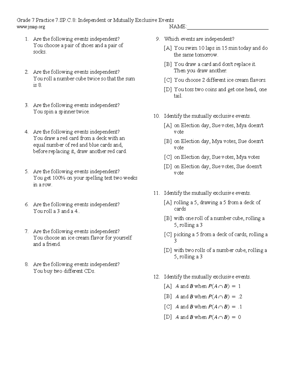 Identify Mutually Exclusive and Independent Events #2 - Grade 7 ...