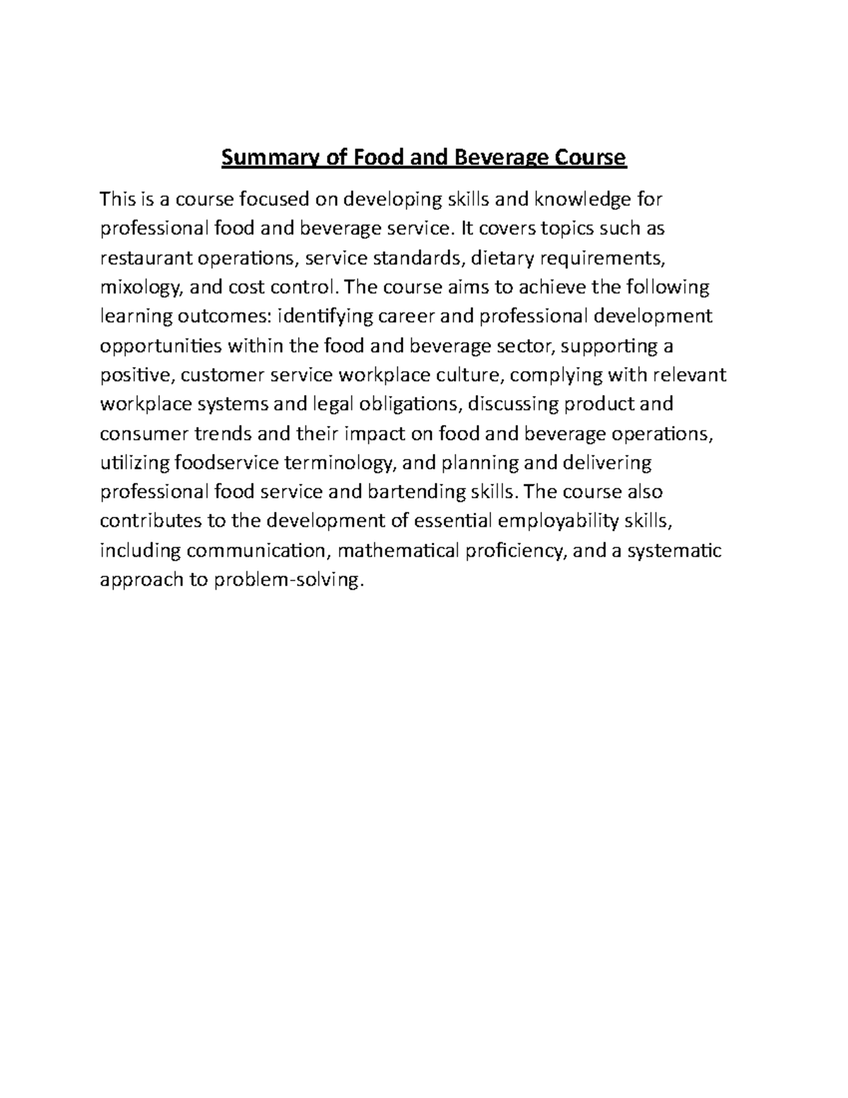 Food and Beverage Operations - Summary of Food and Beverage Course This ...