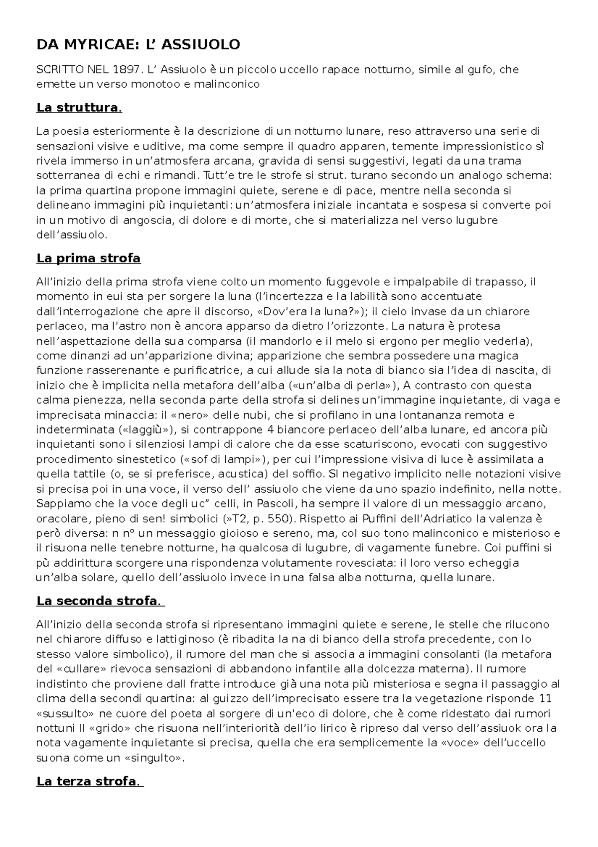 Continuo pascoli da myricae - DA MYRICAE: L’ ASSIUOLO SCRITTO NEL 1897 ...