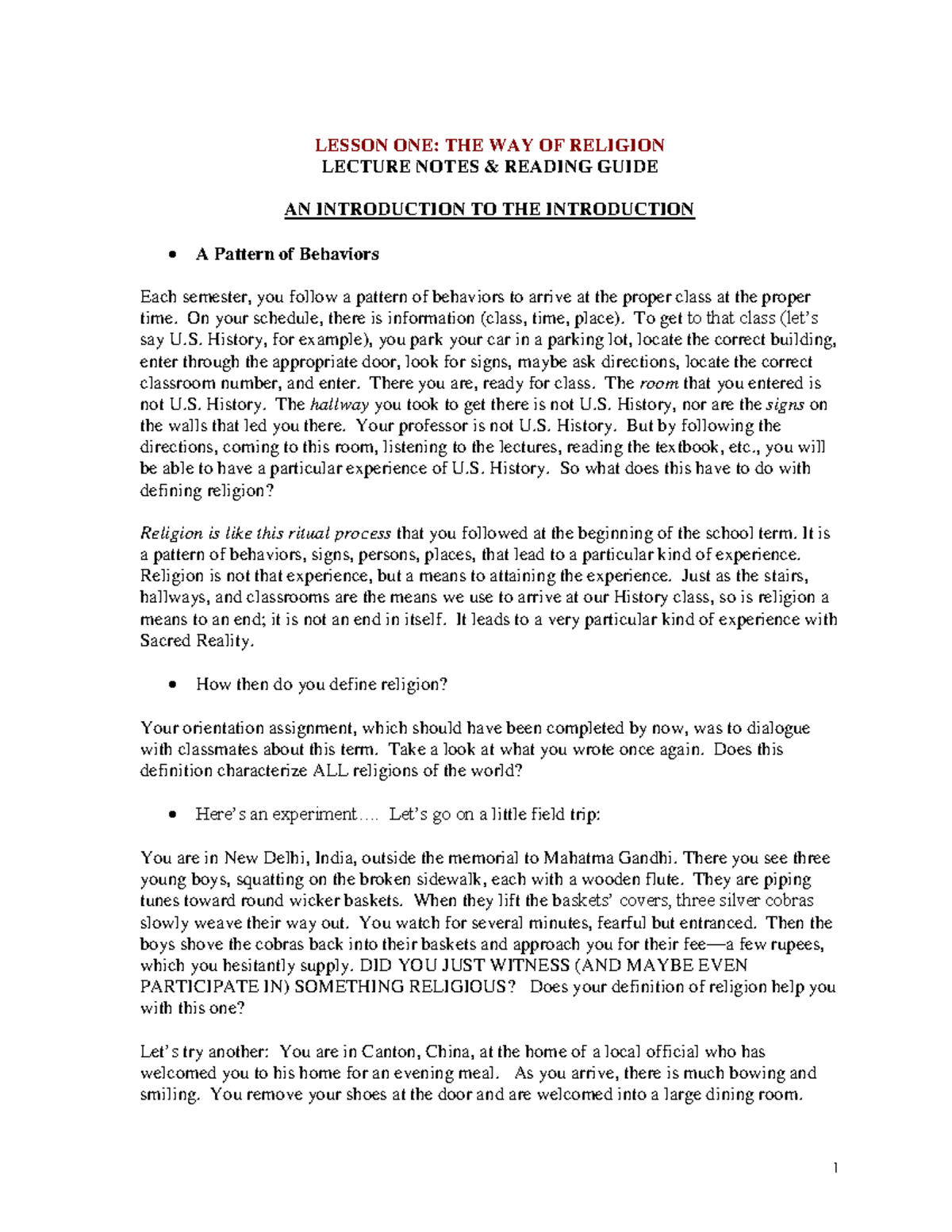lesson 1 for world religions - LESSON ONE: THE WAY OF RELIGION LECTURE ...
