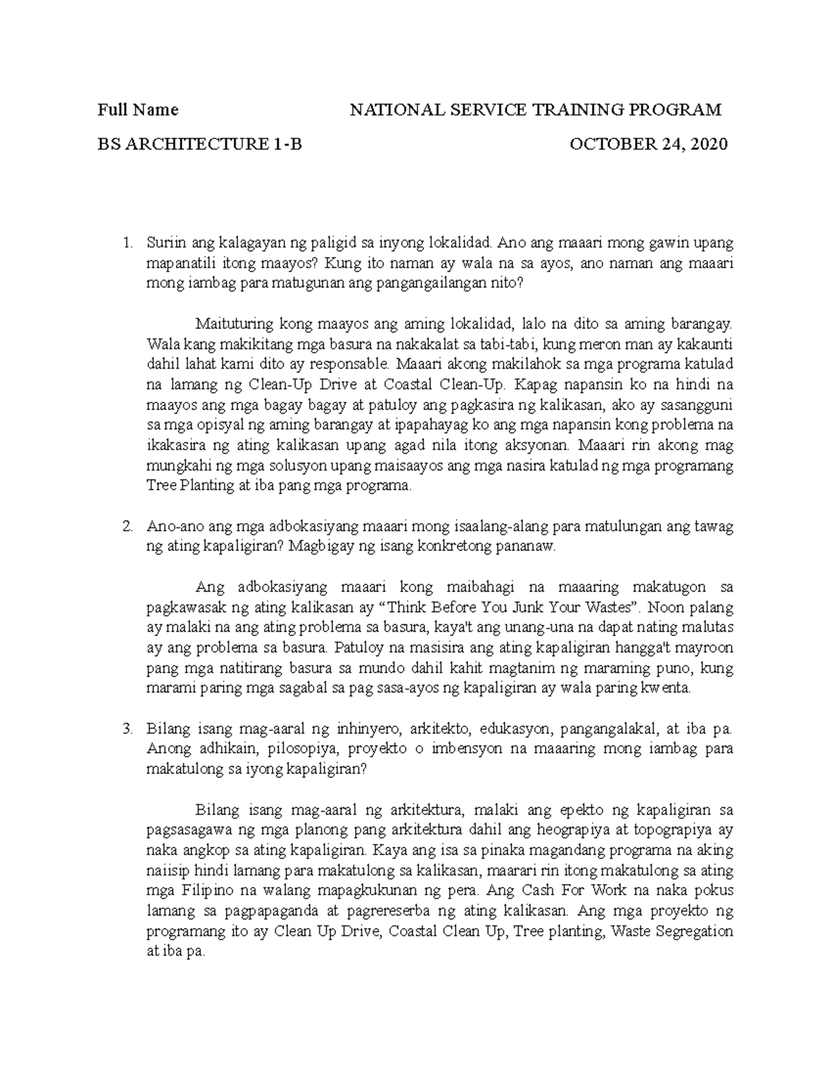 NSTP - Environmental Protection Education. - Full Name NATIONAL SERVICE TRAINING PROGRAM BS ...