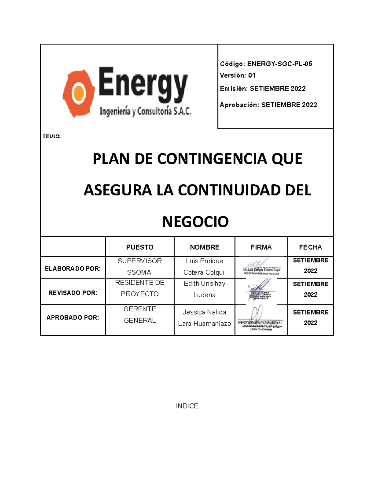 PLAN DE Contingencia QUE Asegura LA Continuidad DEL Negocio - Código: ENERGY-SGC-PL- Versión: 01 ...