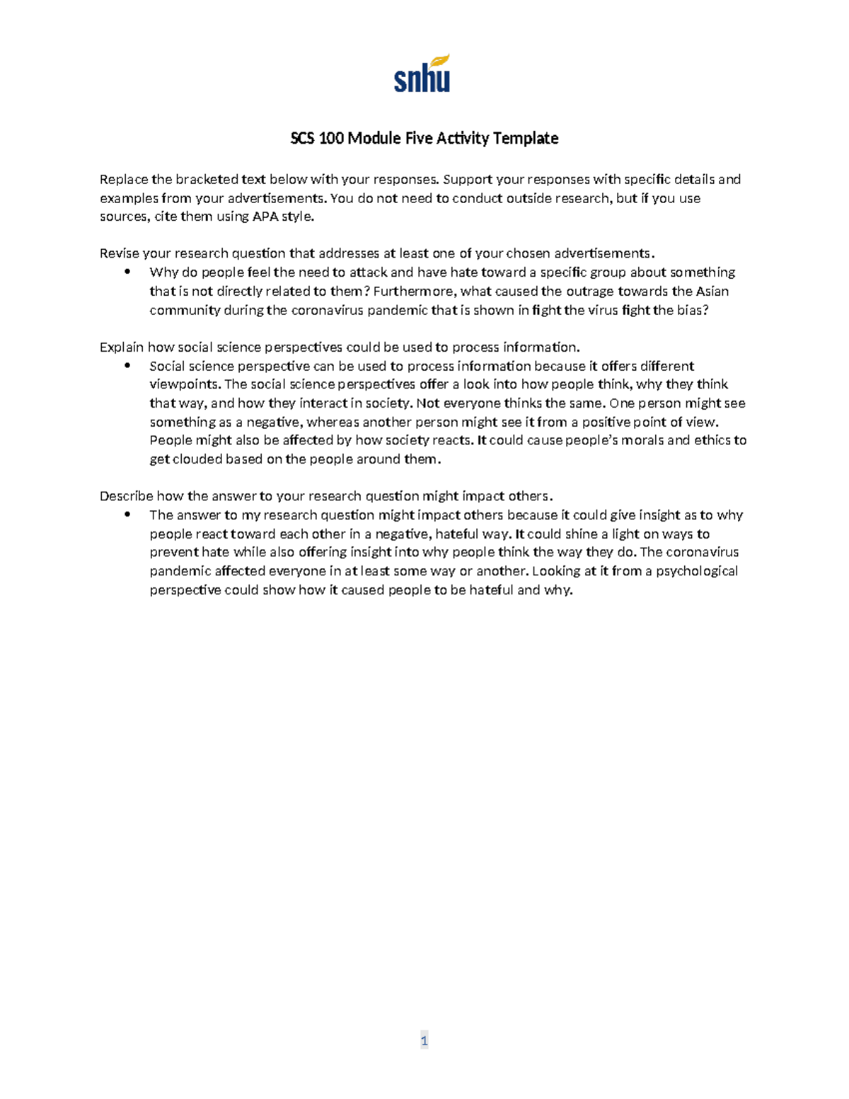 SCS 100 Module Five Activity Template - SCS 100 Module Five Activity Template Replace the ...