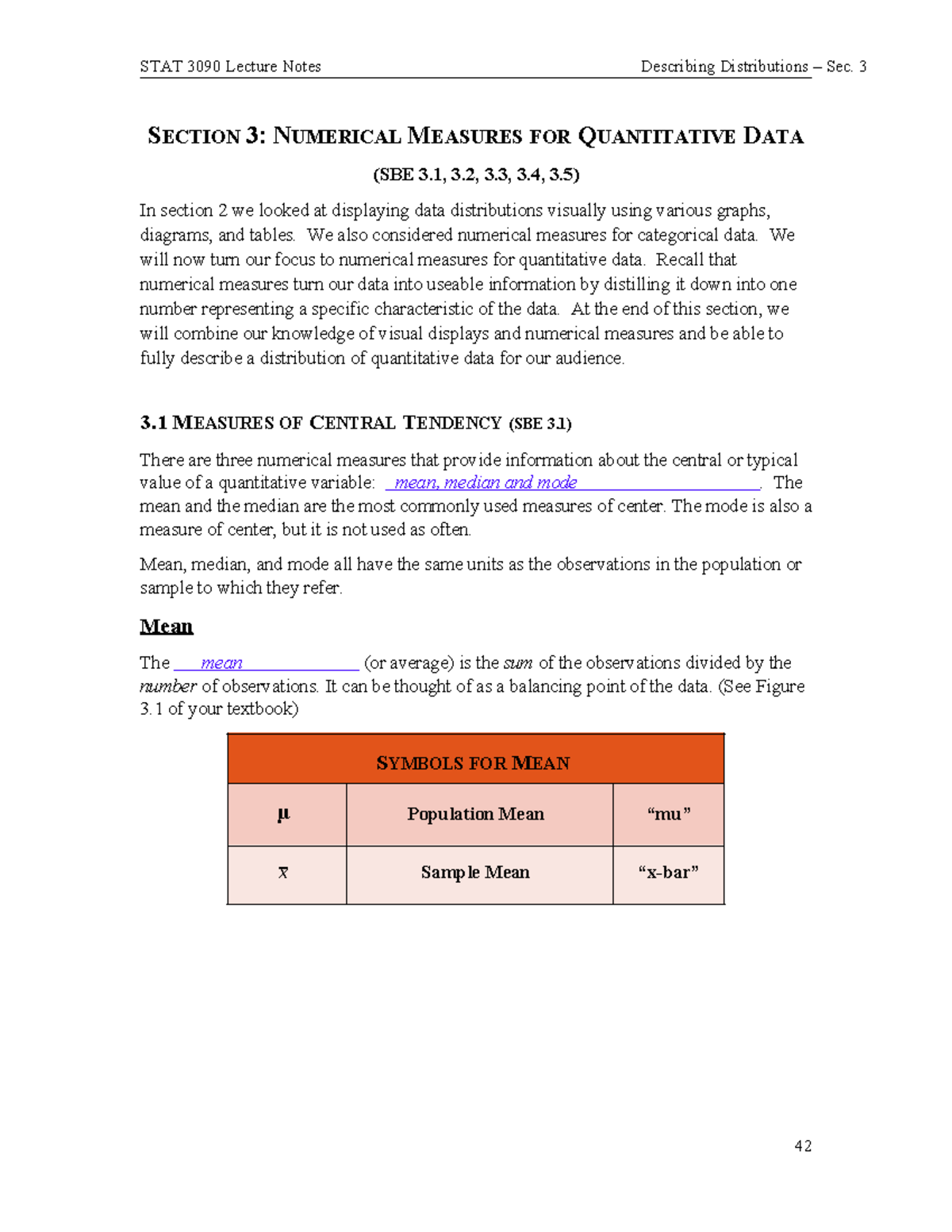 X STAT 3090 Section 3 Solutions - SECTION 3: NUMERICAL MEASURES FOR QUANTITATIVE DATA (SBE 3, 3 ...