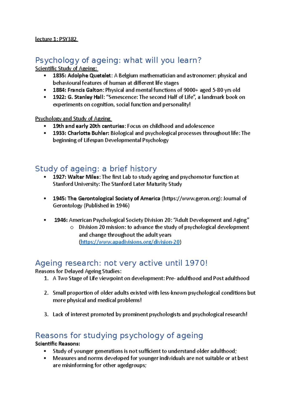 Lecture 1 psy382 - lecture 1: PSY Psychology of ageing: what will you ...