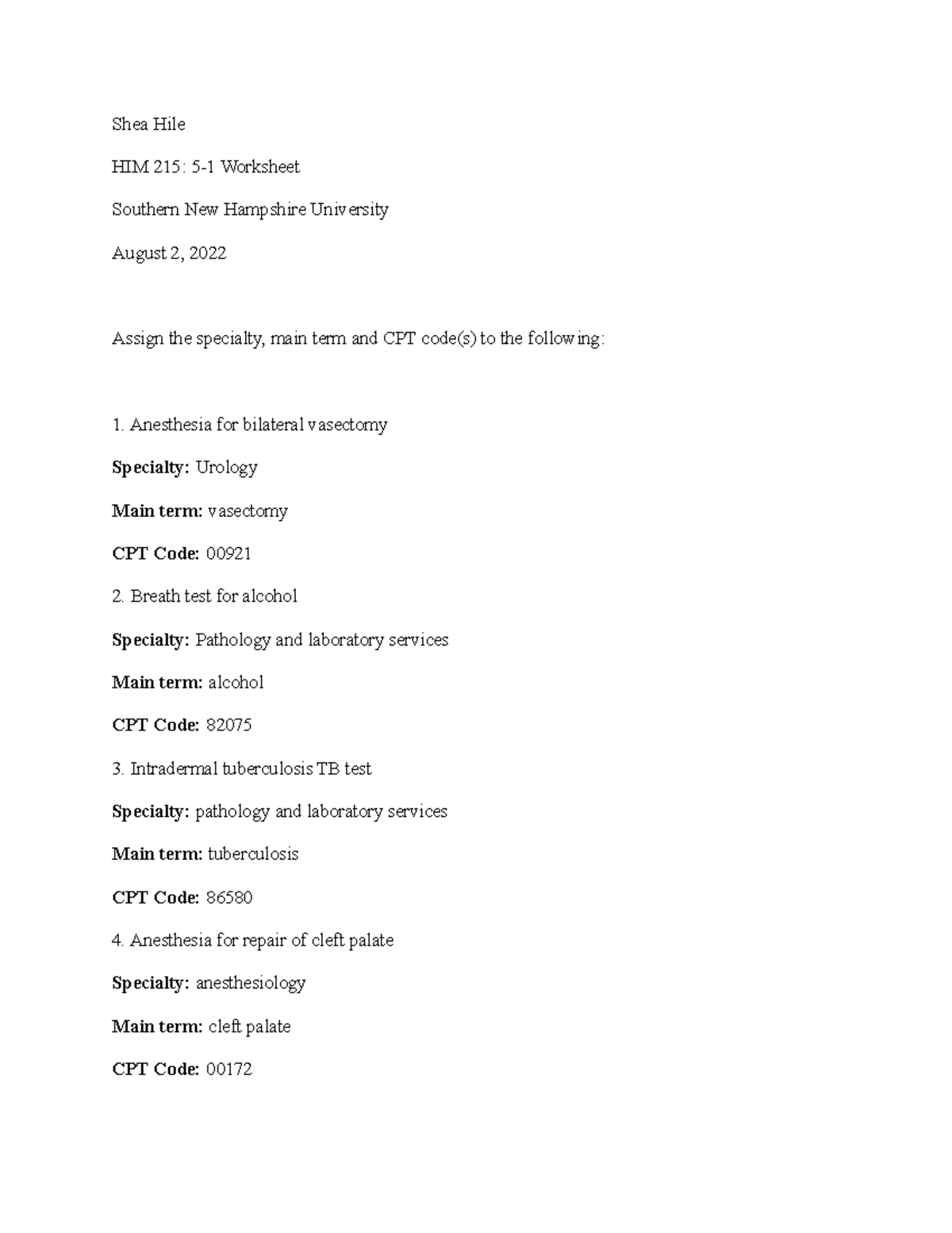 HIM 215 5-1 Worksheet - Shea Hile HIM 215: Worksheet Southern New ...