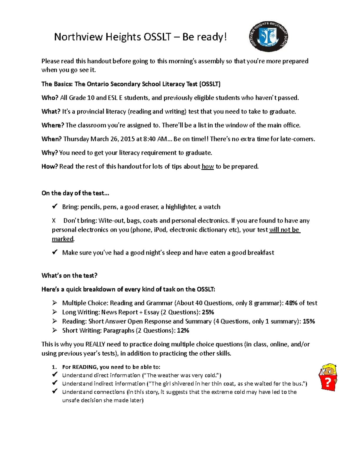 Northview heights osslt handout 2015 - Northview Heights OSSLT – Be ...