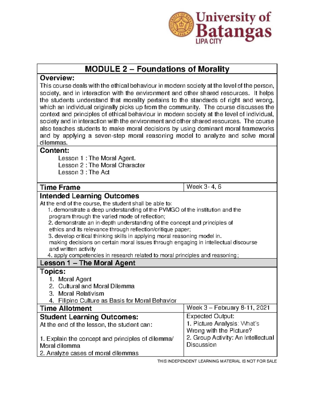ILM2 -The Foundations of Morality Lessons 1-3 - MODULE 2 – Foundations of Morality Overview ...
