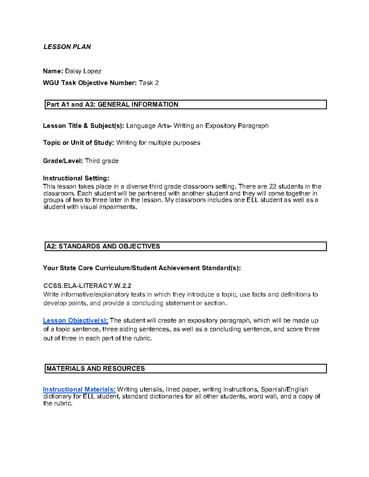 Language Arts- Task2 - LESSON PLAN Name: Daisy Lopez WGU Task Objective ...