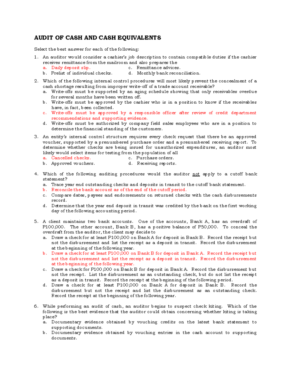 Audit OF CASH AND CASH Equivalents-1 - AUDIT OF CASH AND CASH EQUIVALENTS Select the best answer ...