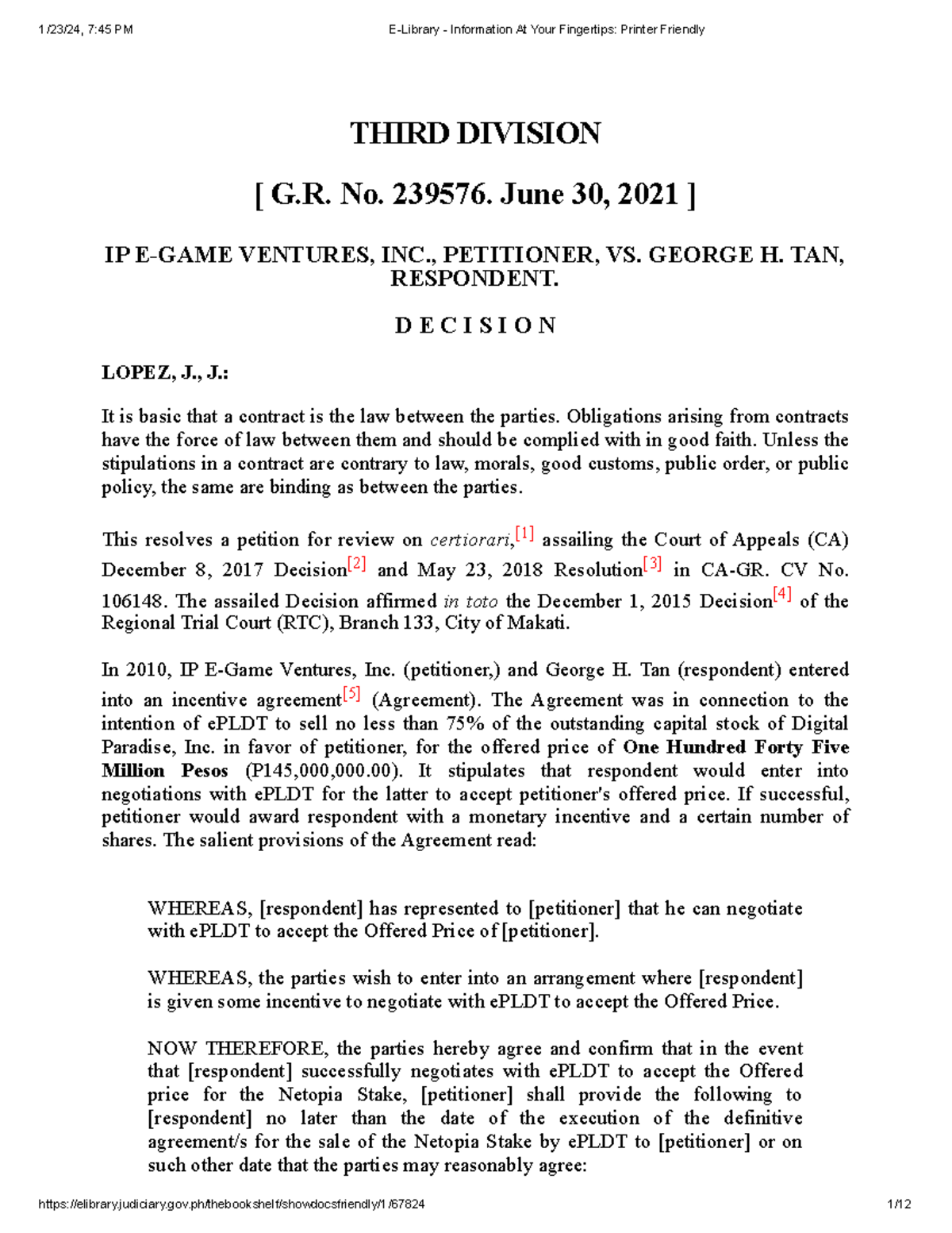 G.R. No. 239576 - IP E-GAME Ventures, INC. VS George TAN - THIRD ...