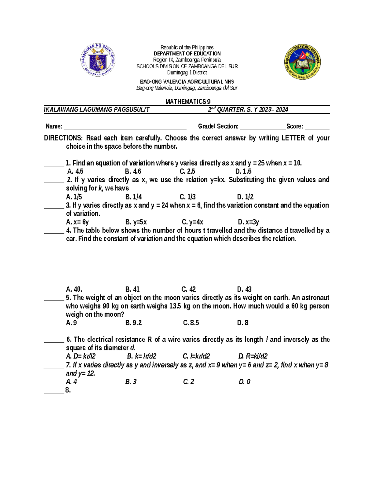 MATH9 Q2 word - SUMMATIVE - Republic of the Philippines DEPARTMENT OF ...