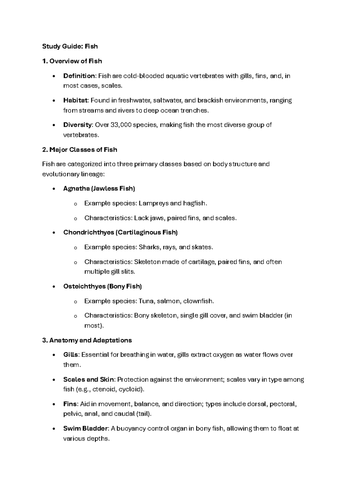 Fish study guide - fish moment - Study Guide: Fish 1. Overview of Fish ...
