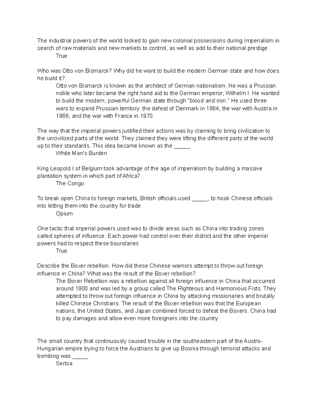 Imperialism and the First World War Quiz study guide - The industrial ...