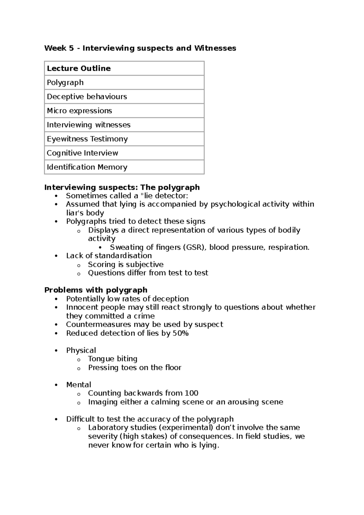 Week 5 notes - Week 5 - Interviewing suspects and Witnesses Lecture ...