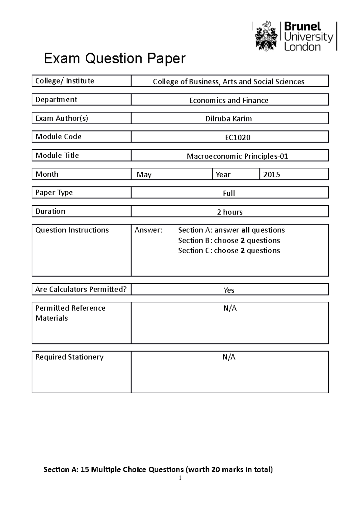 Final Exam May 2015, questions - Exam Question Paper College/ Institute ...