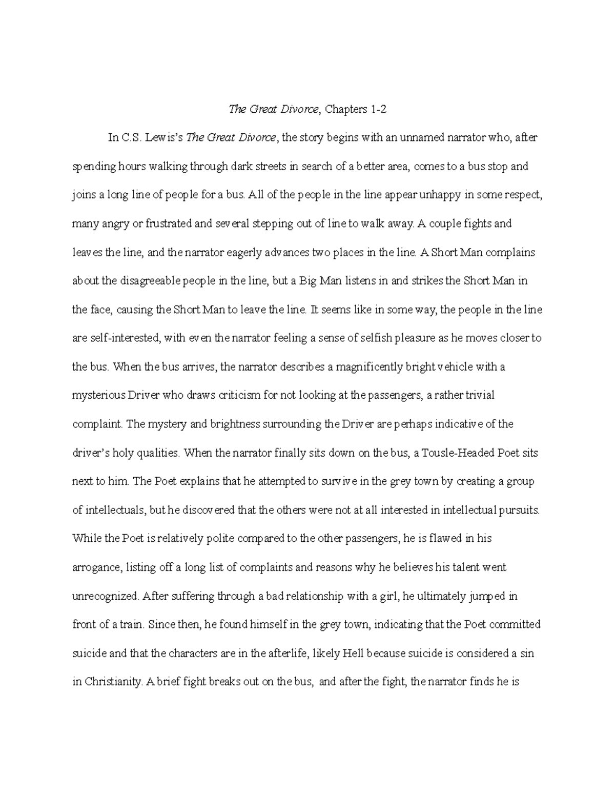 The Great Divorce Summary Paper Ch 1-2 - The Great Divorce , Chapters 1 ...