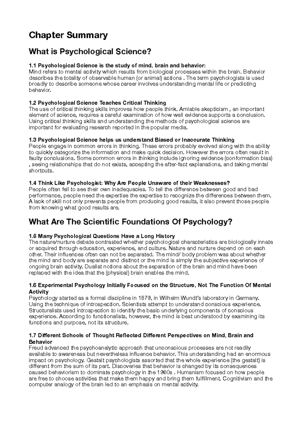The Science of psychology- Chapter Summary - Chapter Summary What is ...