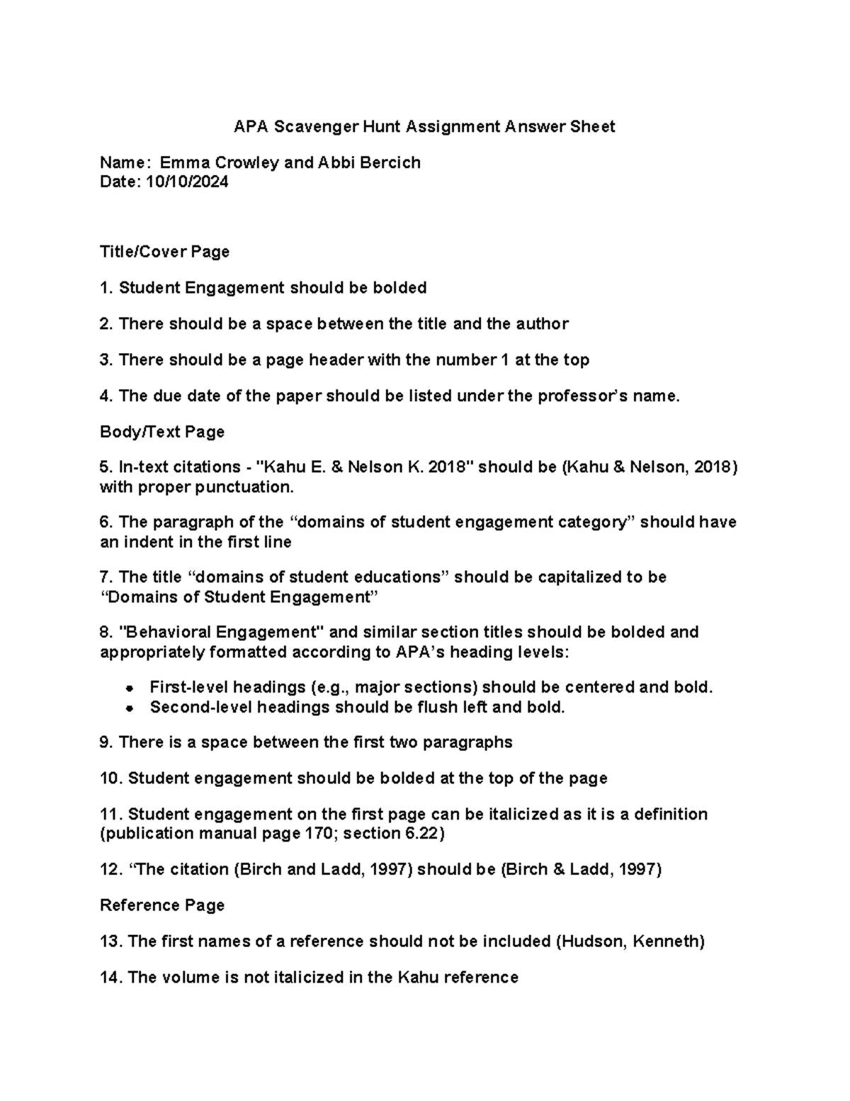 APA Scavenger Hunt Assignment Answer Sheet - Student Engagement should ...