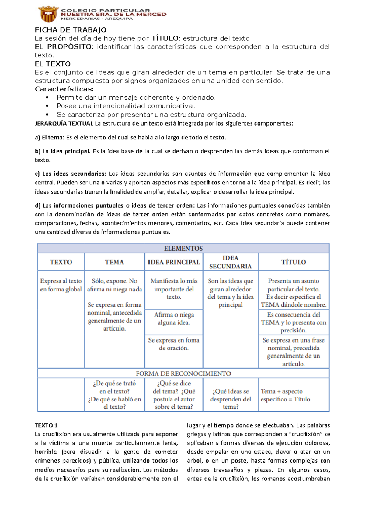Tercero estructura del texto - FICHA DE TRABAJO La sesión del día de ...