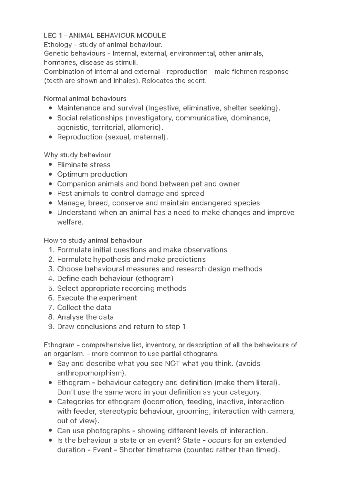 ANIM1014 Lecture Summaries - LEC 1 - ANIMAL BEHAVIOUR MODULE Ethology ...