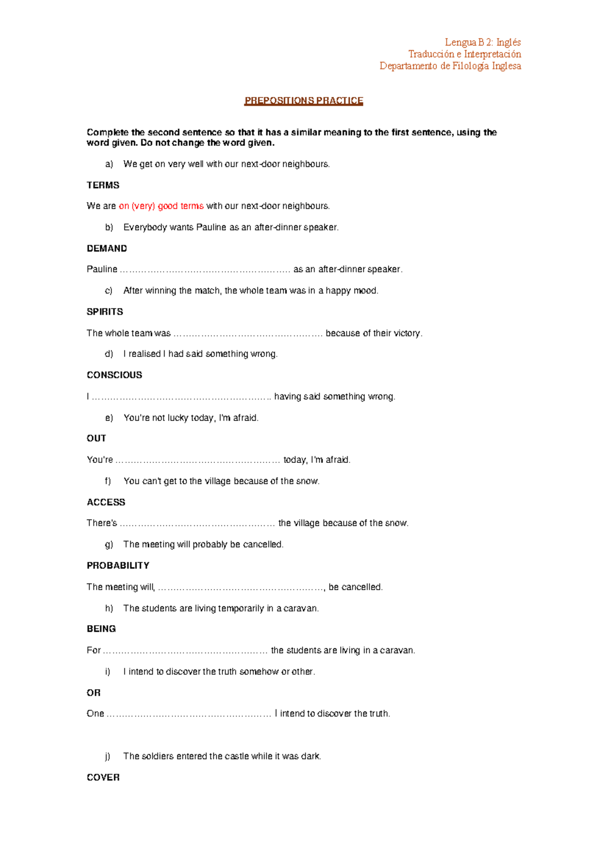 Prepositions - practice - Lengua B2: Inglés Traducción e Interpretación Departamento de ...