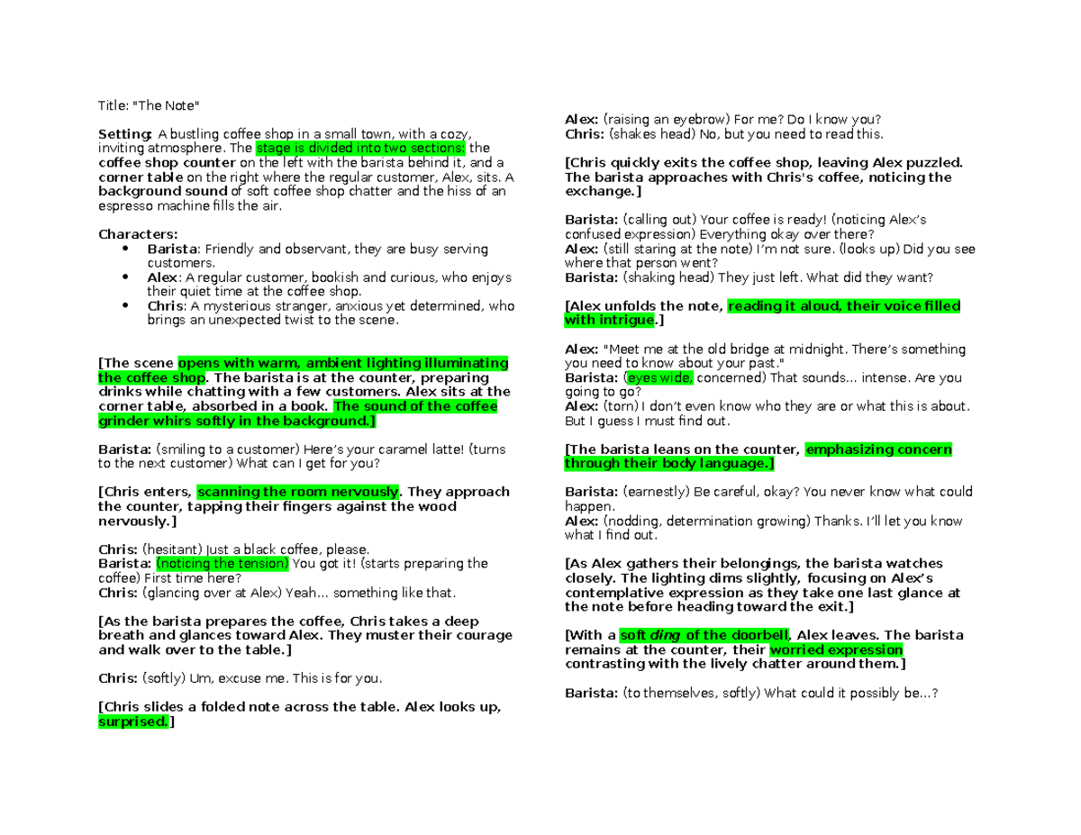 Example Prompt Scene - Title: "The Note" Setting: A bustling coffee ...