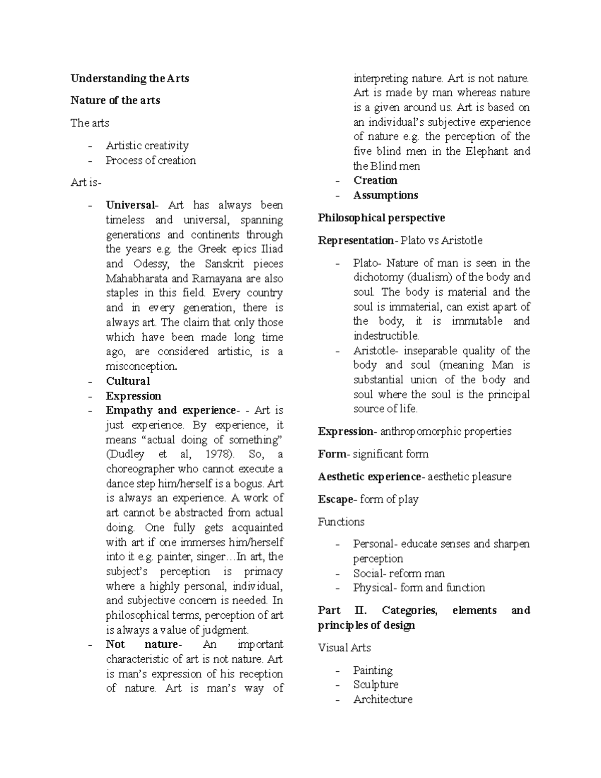 Garts Reviewer - Understanding the Arts Nature of the arts The arts ...