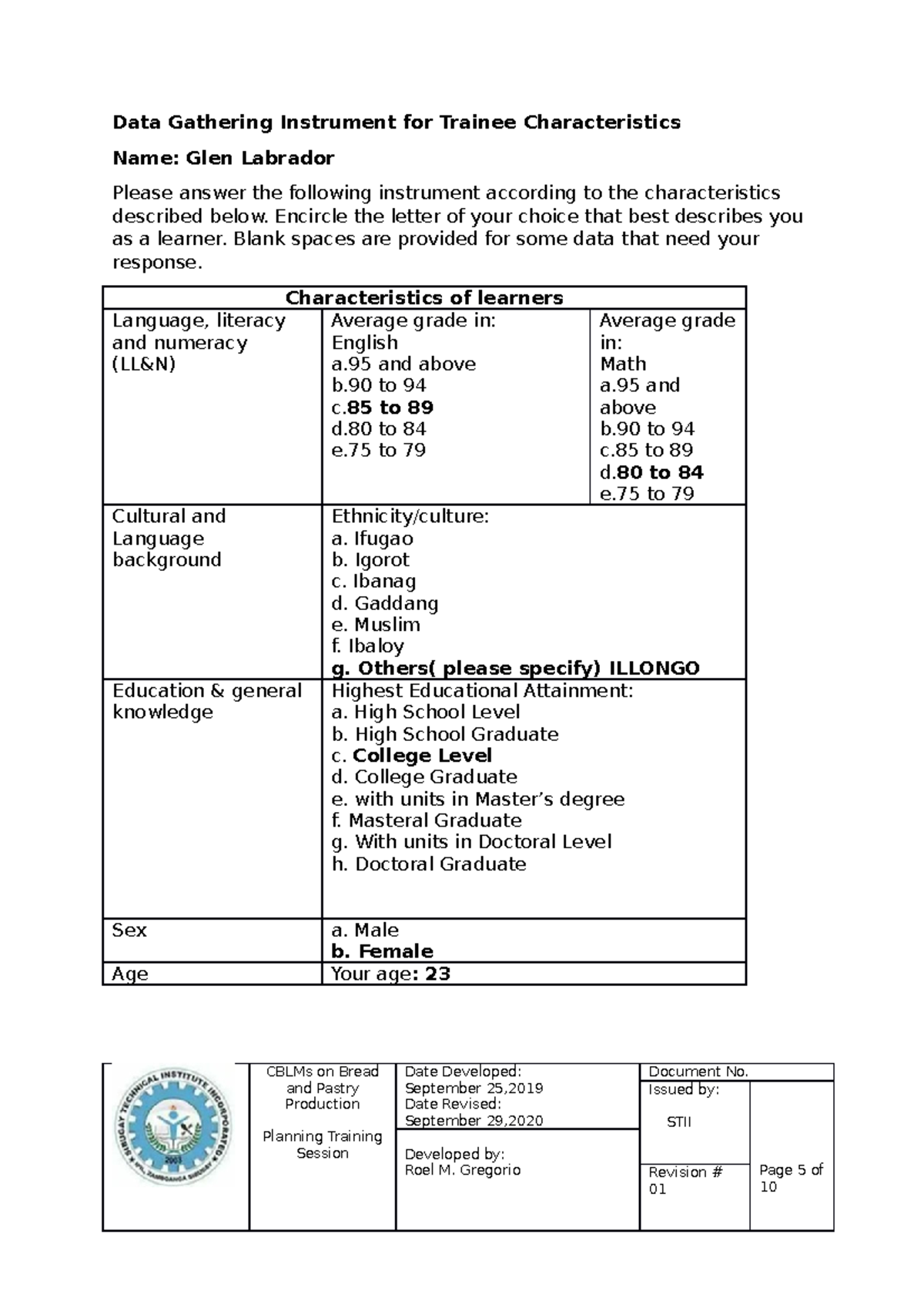 Data Gathering Instrument for Trainee Characteristics - Encircle the ...