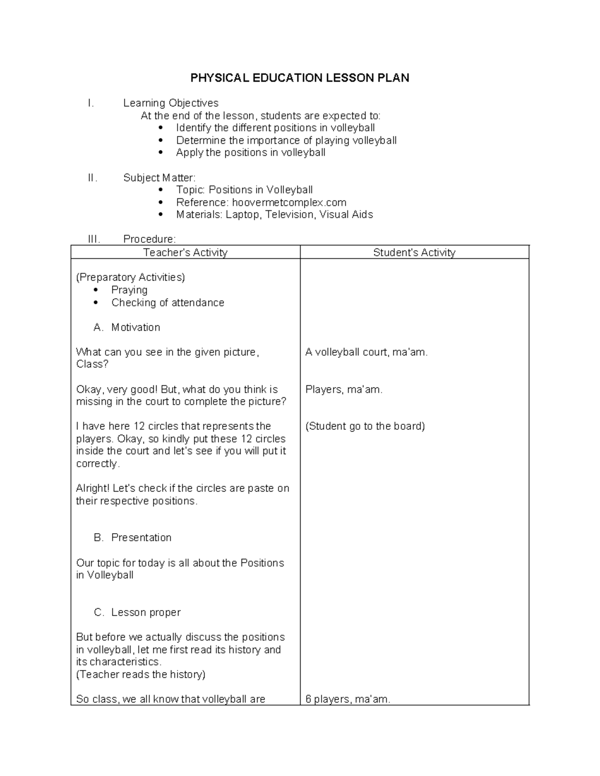 PE Lesson PLAN - PHYSICAL EDUCATION LESSON PLAN I. Learning Objectives ...